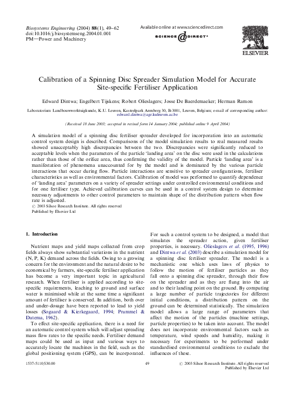 (PDF) Calibration of a Spinning Disc Spreader Simulation Model for ...
