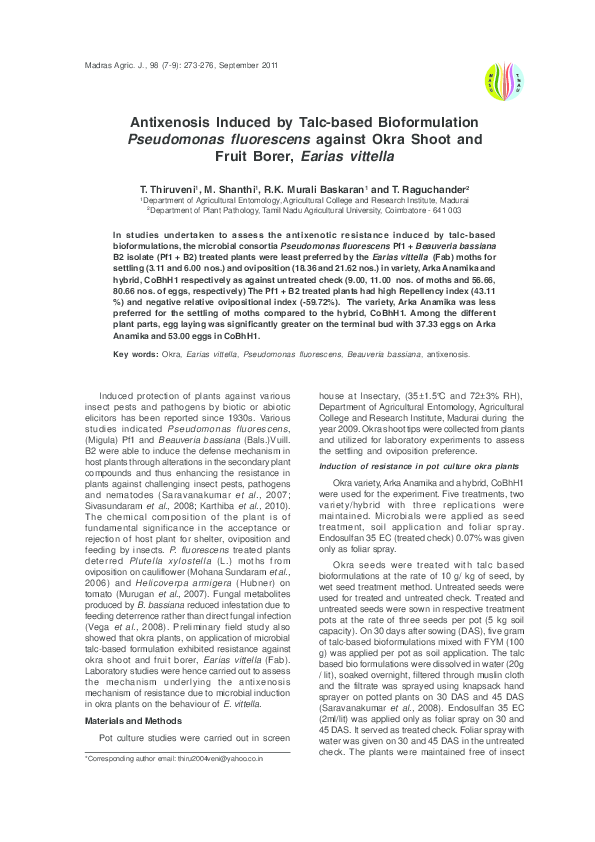 (PDF) Antixenosis induced by talc based bioformulation of Pseudomonas fluorescens against okra ...