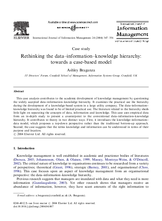 (PDF) Rethinking the data–information–knowledge hierarchy: towards a case-based model