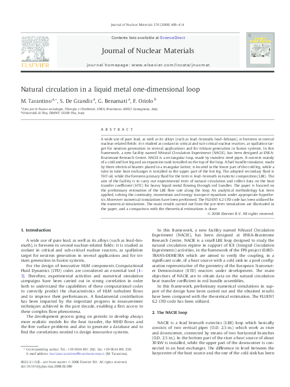 (PDF) Natural circulation in a liquid metal one-dimensional loop