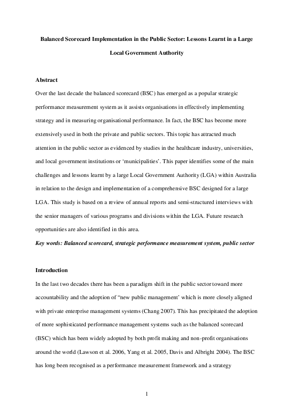 (PDF) Balanced Scorecard Implementation in the Public Sector: Lessons ...