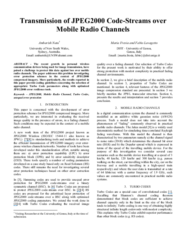 (PDF) Transmission of JPEG2000 code-streams over mobile radio channels
