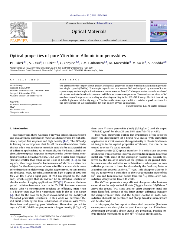 (PDF) Optical properties of pure Ytterbium Alluminium perovskites