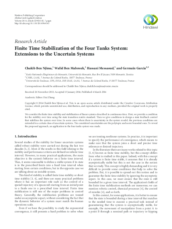 (PDF) Finite Time Stabilization of the Four Tanks System: Extensions to the Uncertain Systems