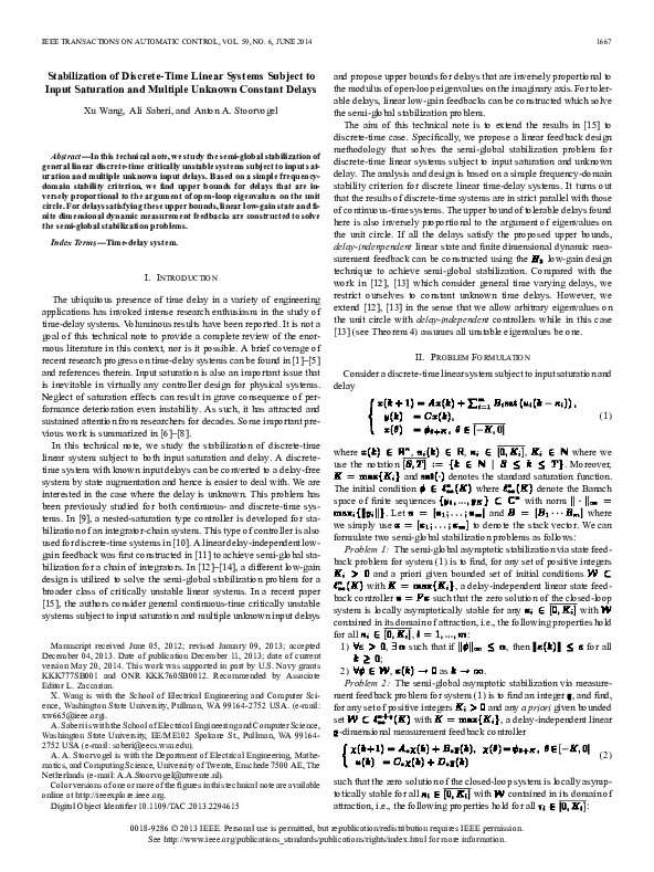 (PDF) Stabilization of Discrete-Time Linear Systems Subject to Input Saturation and Multiple ...