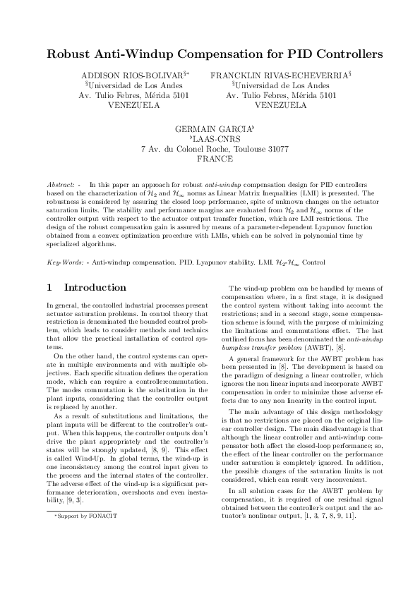(PDF) Robust Anti-Windup Compensation for PID Controllers