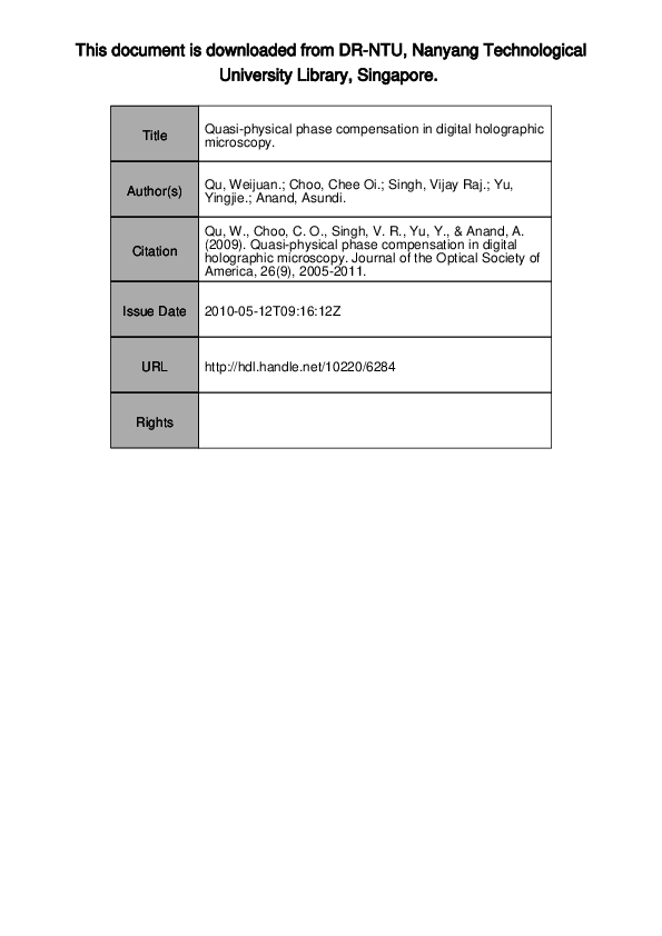 (PDF) Quasi-physical phase compensation in digital holographic microscopy