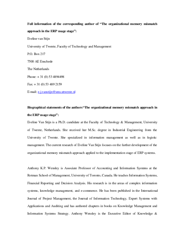 (PDF) The organizational memory mismatch approach in the ERP usage stage