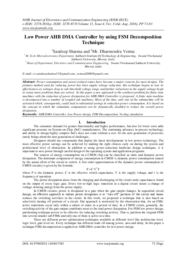 Pdf Low Power Ahb Dma Controller By Using Fsm Decomposition Technique