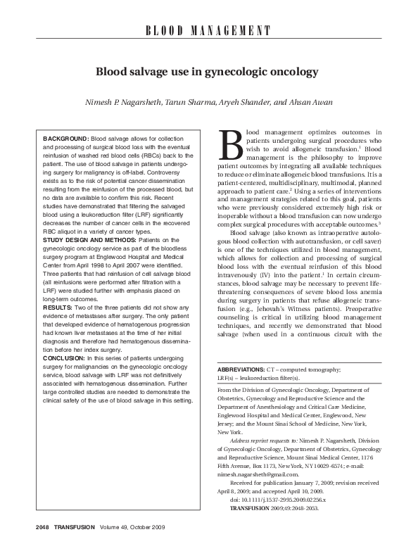 (PDF) Blood salvage use in gynecologic oncology