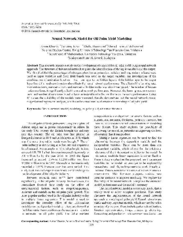(PDF) Neural Network Model for Oil Palm Yield Modeling