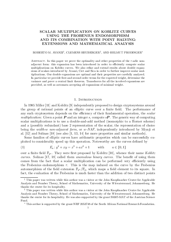 (PDF) Scalar Multiplication on Koblitz Curves Using the Frobenius ...