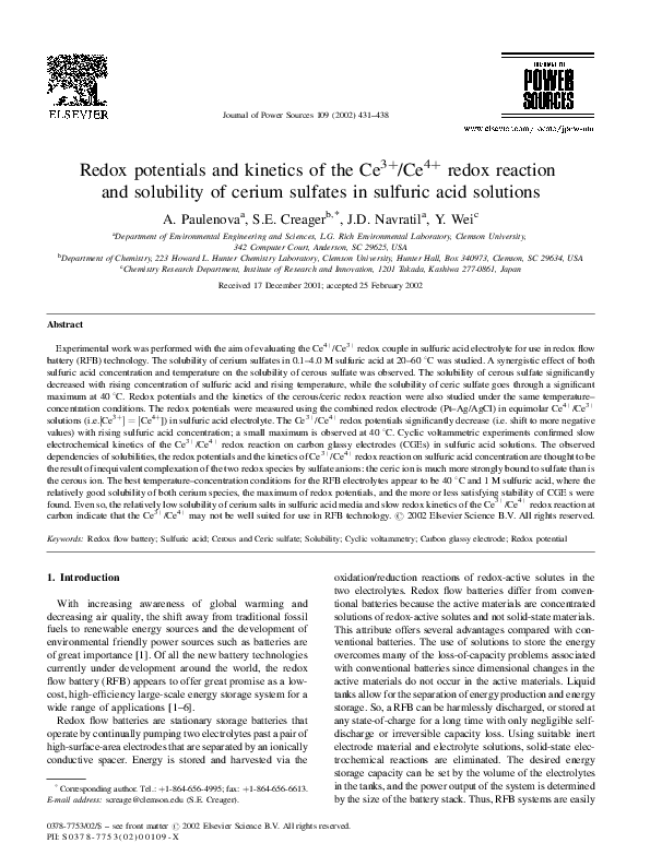 (PDF) Redox potentials and kinetics of the Ce 3+/Ce 4+ redox reaction ...