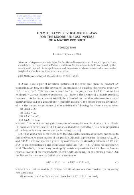 (PDF) On mixed-type reverse-order laws for the Moore-Penrose inverse of ...
