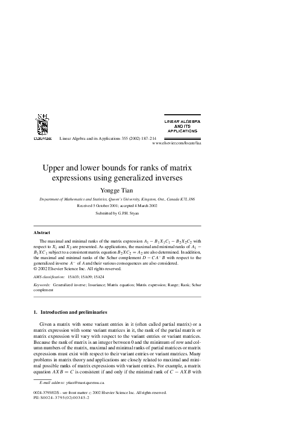 (PDF) Upper and lower bounds for ranks of matrix expressions using ...