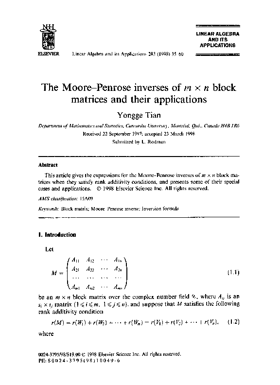 (PDF) The Moore-Penrose inverses of m × n block matrices and their applications