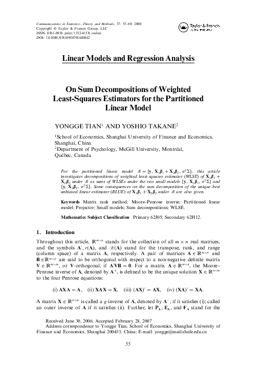 Pdf On Sum Decompositions Of Weighted Least Squares Estimators For The Partitioned Linear Model