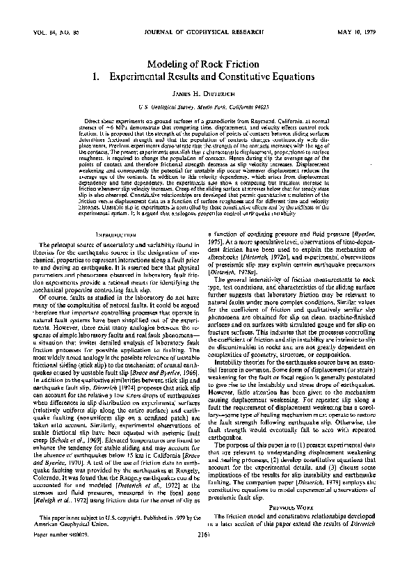 Pdf Modeling Of Rock Friction 1 Experimental Results And
