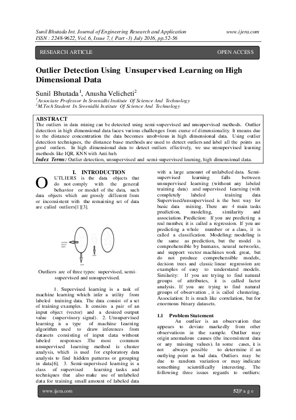 Pdf Outlier Detection Using Unsupervised Learning On High Dimensional