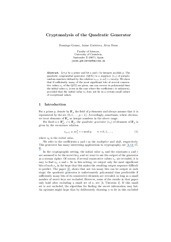 (PDF) Cryptanalysis of the Quadratic Generator