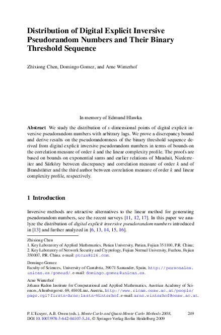 Pdf Distribution Of Digital Explicit Inversive Pseudorandom Numbers And Their Binary Threshold