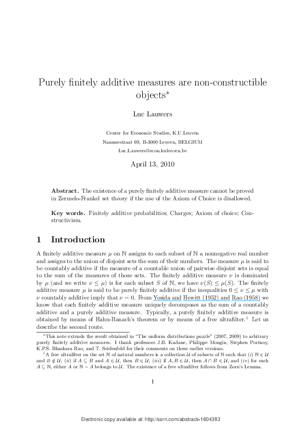 Pdf Purely Finitely Additive Measures Are Non Constructible Objects