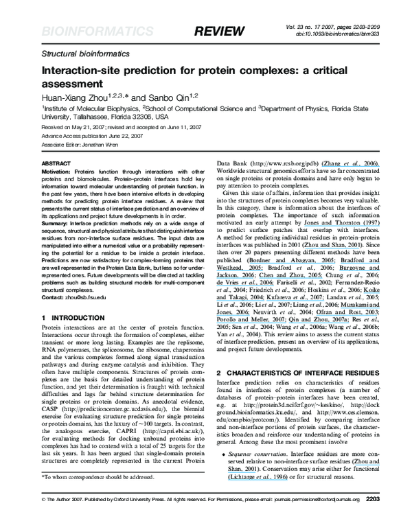 Pdf Interaction Site Prediction For Protein Complexes A Critical Assessment