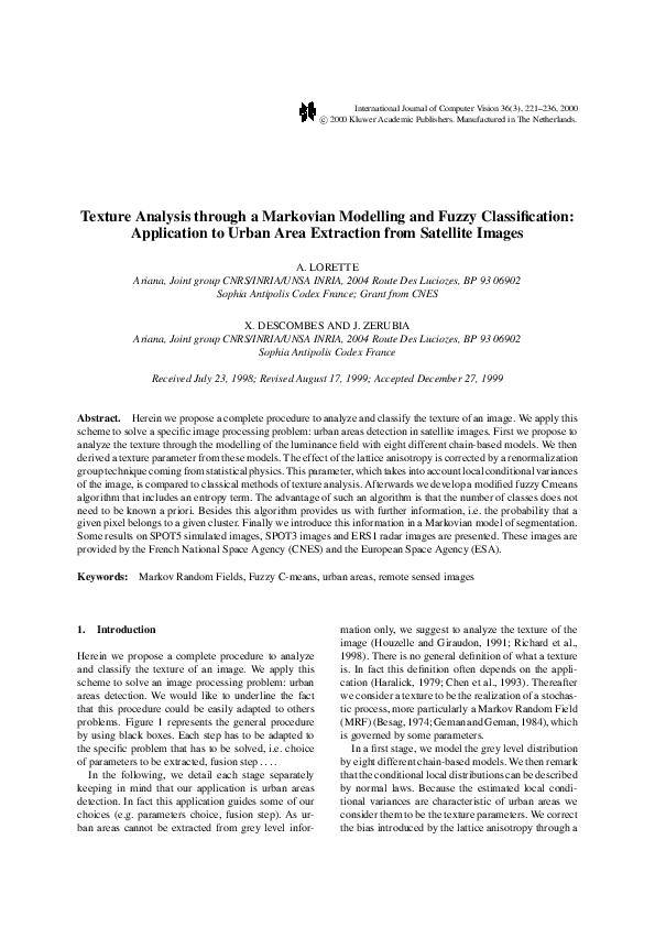 (PDF) Texture analysis through a markovian modelling and fuzzy classification: Application to ...