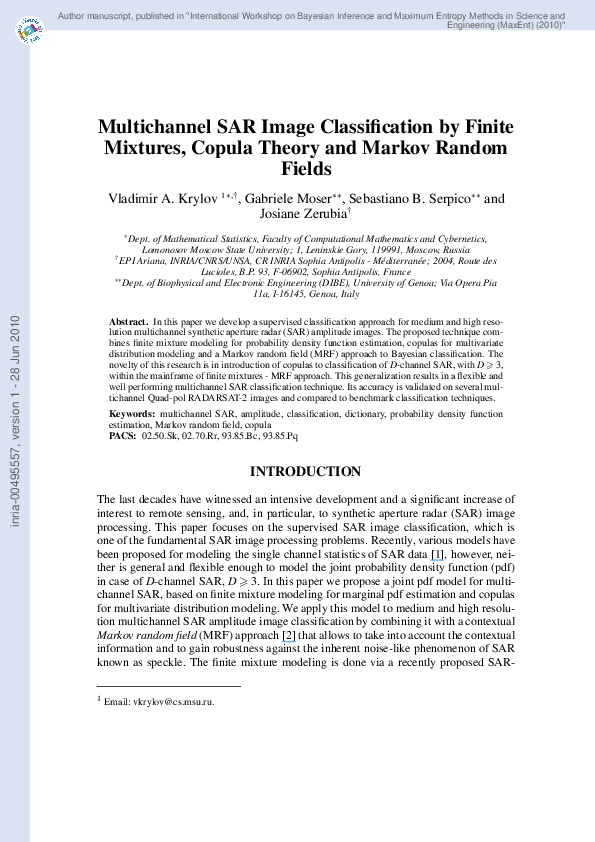 (PDF) Multichannel SAR Image Classification by Finite Mixtures, Copula ...
