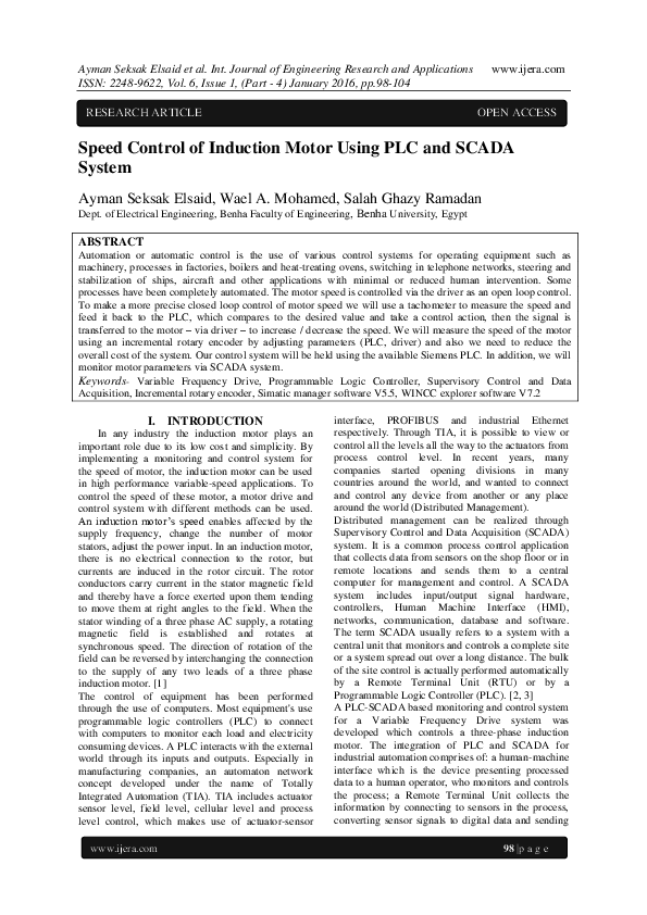 Pdf Speed Control Of Induction Motor Using Plc And Scada System