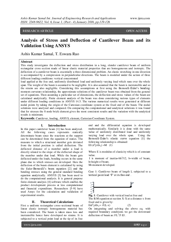 Pdf Analysis Of Stress And Deflection Of Cantilever Beam And Its Validation Using Ansys