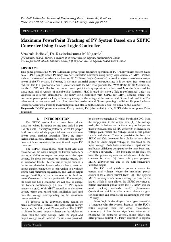 Pdf Maximum Powerpoint Tracking Of Pv System Based On A Sepic Converter Using Fuzzy Logic