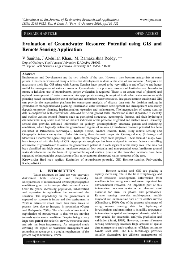 Pdf Evaluation Of Groundwater Resource Potential Using Gis And Remote Sensing Application