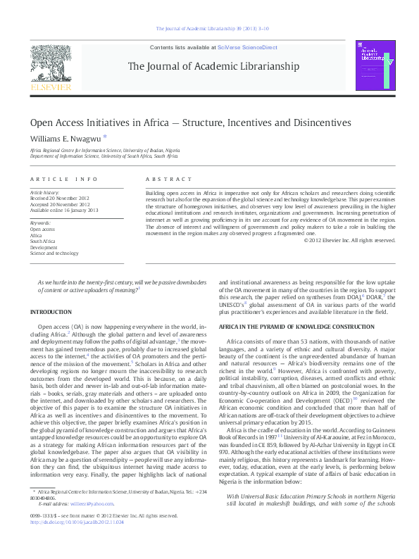 (PDF) Open Access Initiatives in Africa — Structure, Incentives and ...
