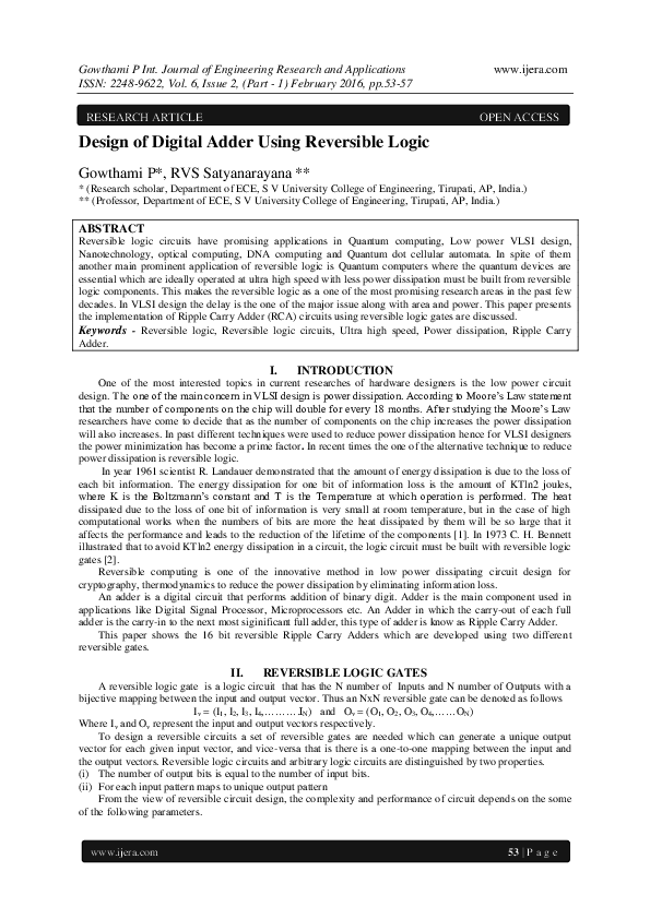 (PDF) Design of Digital Adder Using Reversible Logic