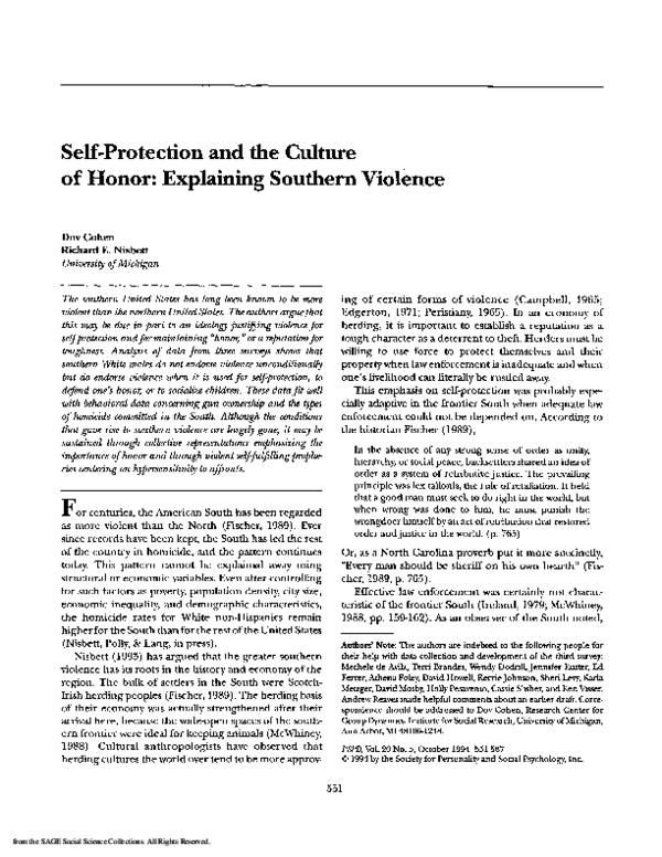(PDF) Self-Protection and the Culture of Honor: Explaining Southern ...