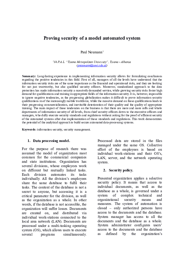 (PDF) Proving security of a model automated system