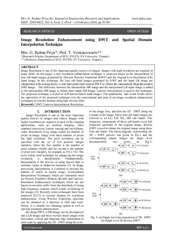 Pdf Image Resolution Enhancement Using Dwt And Spatial Domain Interpolation Technique Ijera 