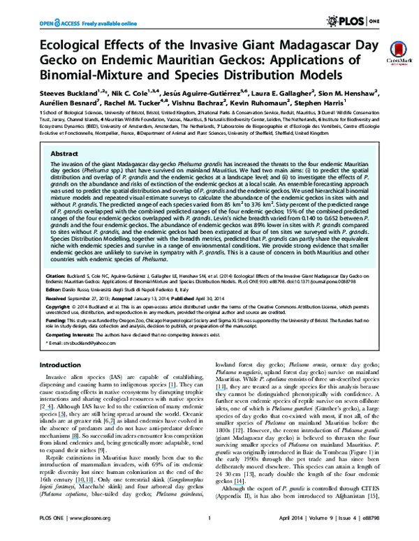 (PDF) Ecological Effects of the Invasive Giant Madagascar Day Gecko on ...