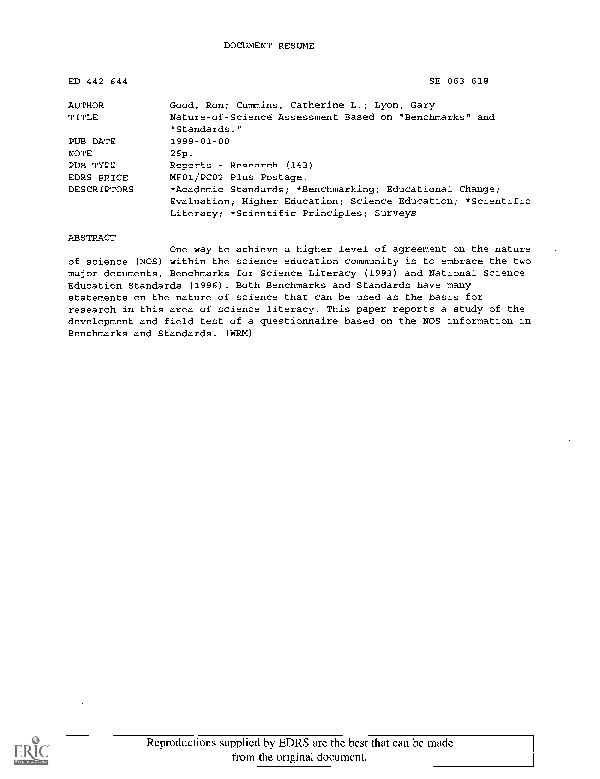 (PDF) Nature-of-Science Assessment Based on "Benchmarks" and "Standards
