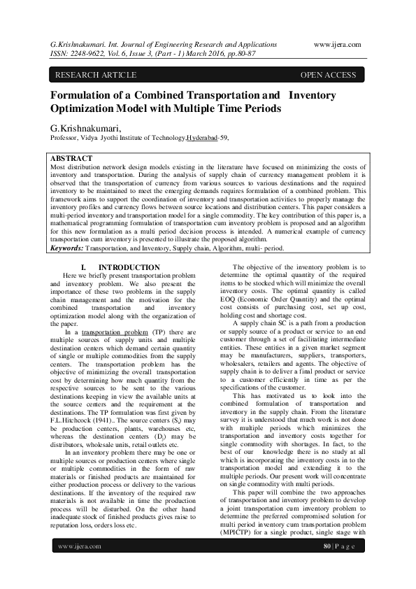 Pdf Formulation Of A Combined Transportation And Inventory