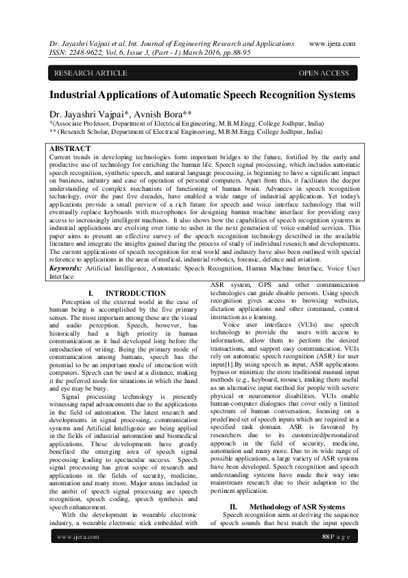(PDF) Industrial Applications of Automatic Speech Recognition Systems
