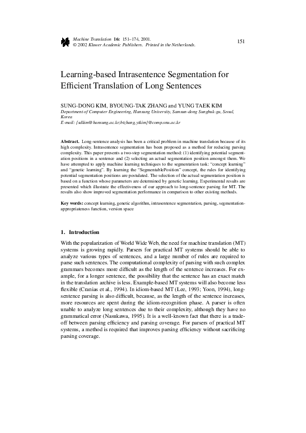 (PDF) Learning-based Intrasentence Segmentation for Efficient Translation of Long Sentences