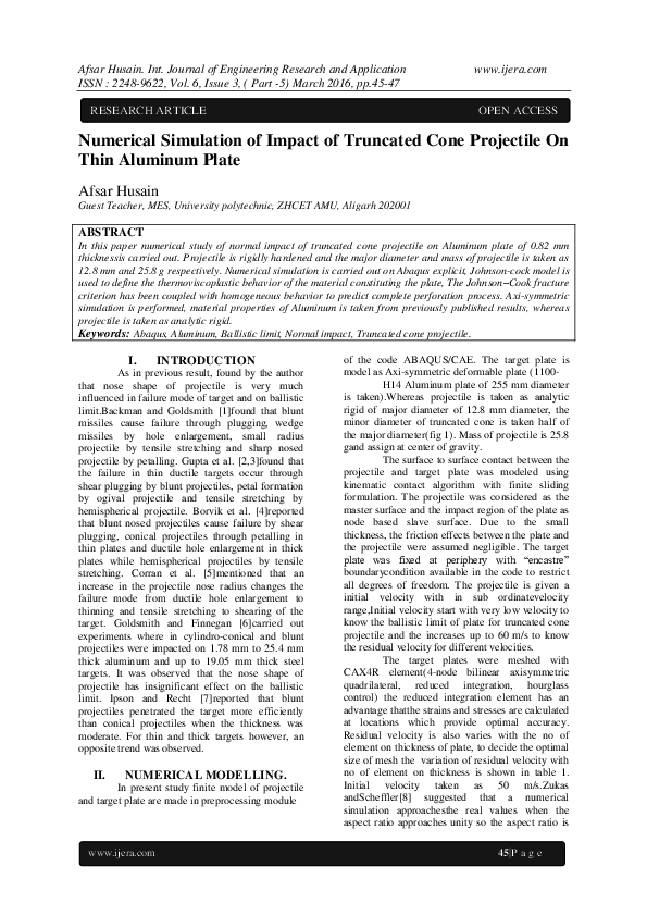 (PDF) Numerical Simulation of Impact of Truncated Cone Projectile On Thin Aluminum Plate