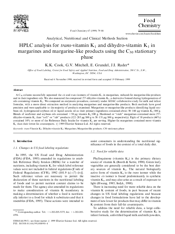 Pdf Hplc Analysis For Trans Vitamin K1 And Dihydro Vitamin K1 In Margarines And Margarine Like