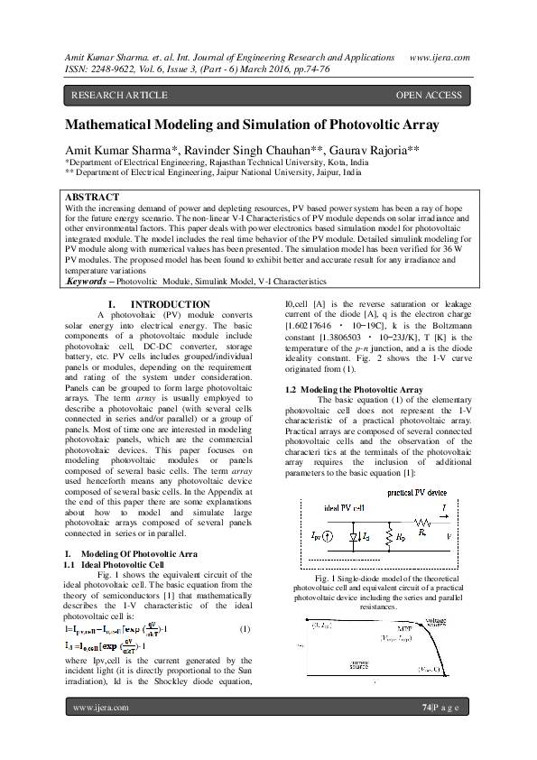 Pdf Mathematical Modeling And Simulation Of Photovoltic Array
