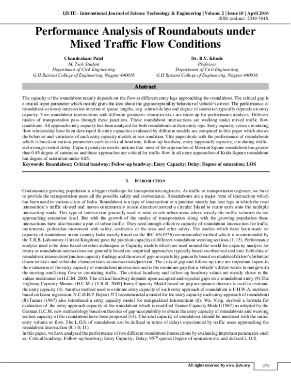 (PDF) Performance Analysis of Roundabouts under Mixed Traffic Flow Conditions