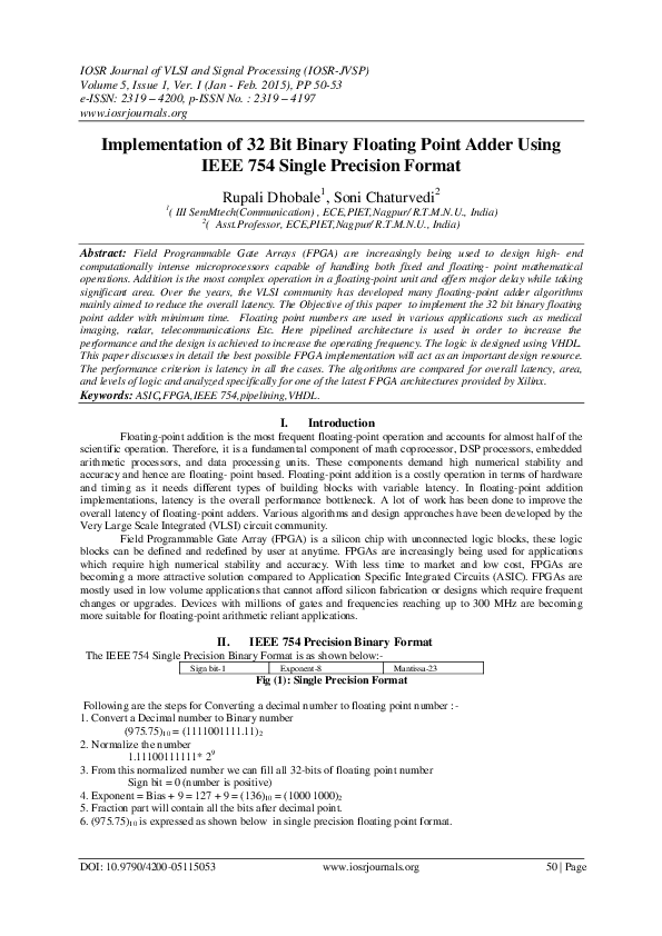 Pdf Implementation Of 32 Bit Binary Floating Point Adder Using Ieee 754 Single Precision Format