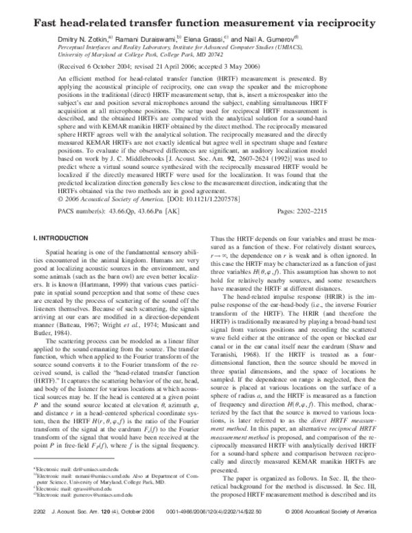 (PDF) Fast head-related transfer function measurement via reciprocity