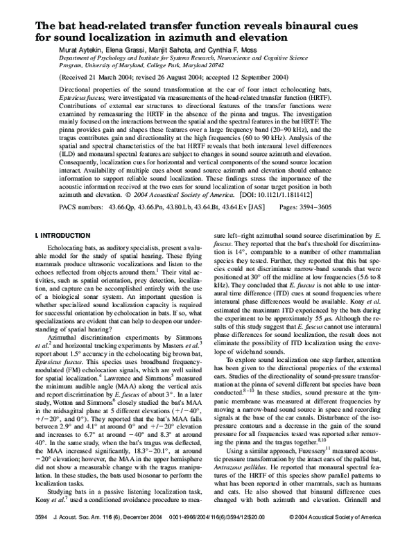 (PDF) The acoustical cues to sound location in the rat: Measurements of directional transfer ...